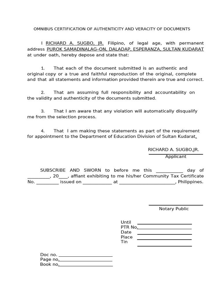 Omnibus Certification of Document Authenticity | PDF