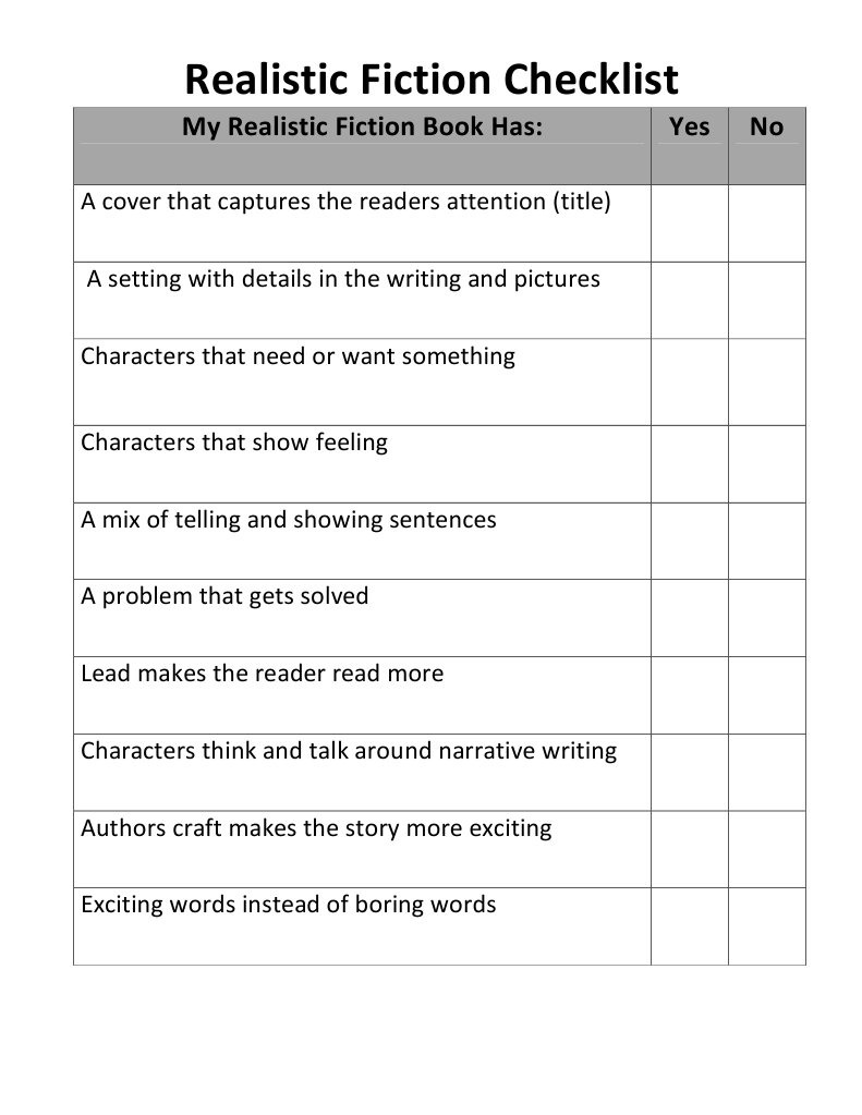 Kids Realistic Fiction Checklist | PDF | Language Arts & Discipline ...
