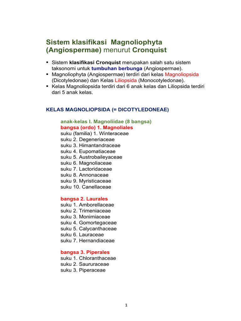 Klasifikasi Tumbuhan Magnoliophyta Cronquist | PDF