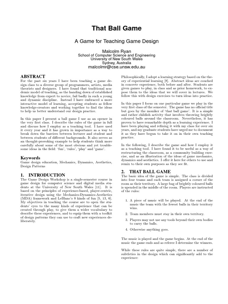 A Game For Teaching Game Design | PDF | Experience | Classroom