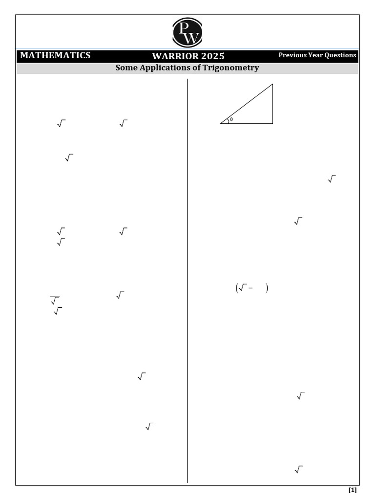 Some Applications of Trigonometry - Previous Year Questions - Warrior ...