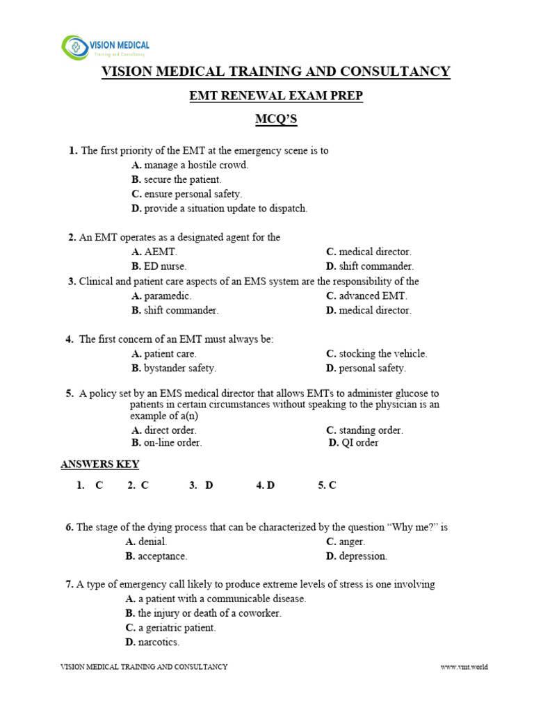 EMT Renewal Exam Prep MCQs Guide | PDF | Breathing | Blood Pressure