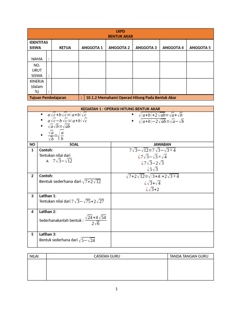Operasi Hitung Bentuk Akar Siswa | PDF