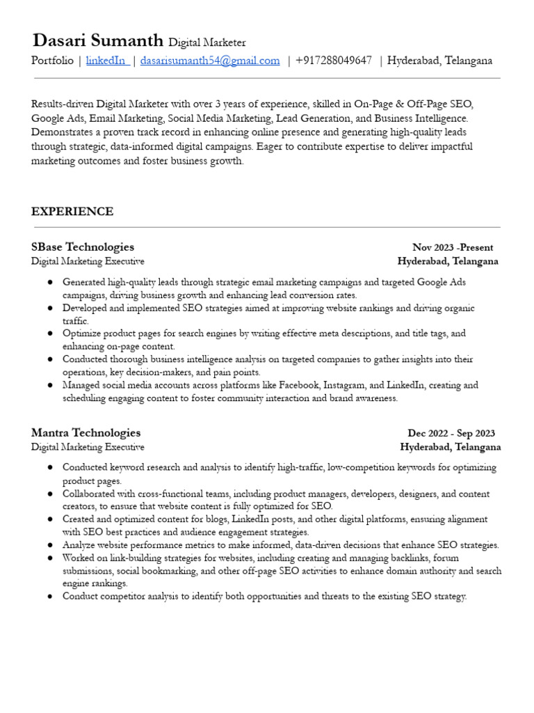 Dasari Sumanth Reddy Resume | PDF | Search Engine Optimization | Digital Marketing