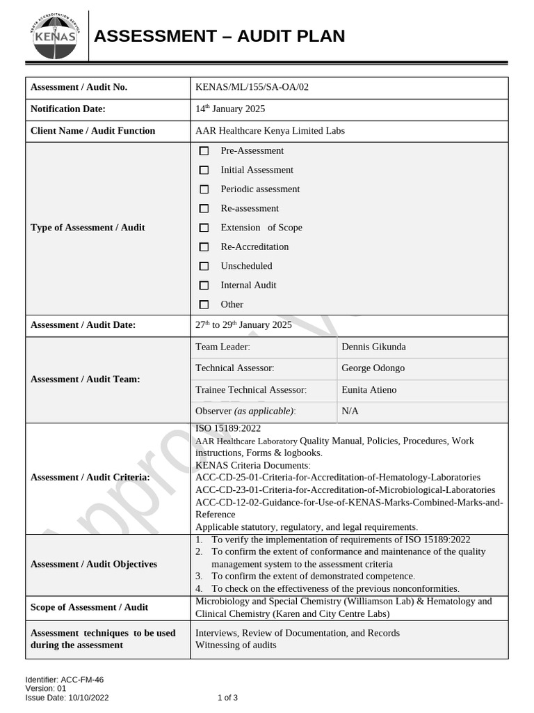 AAR Healthcare Audit Plan Overview | PDF | Audit | Laboratories