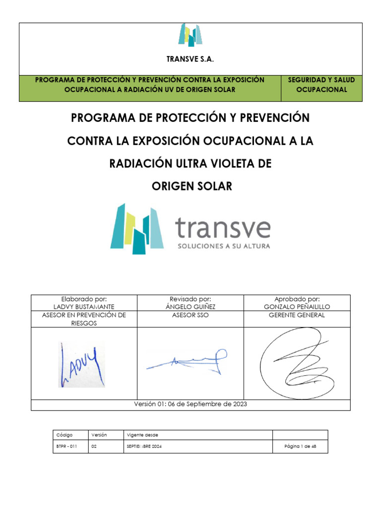 Programa de Prevención y Protección Contra La Radiación Uv de Origen Solar Transve S.A. 2024 ...