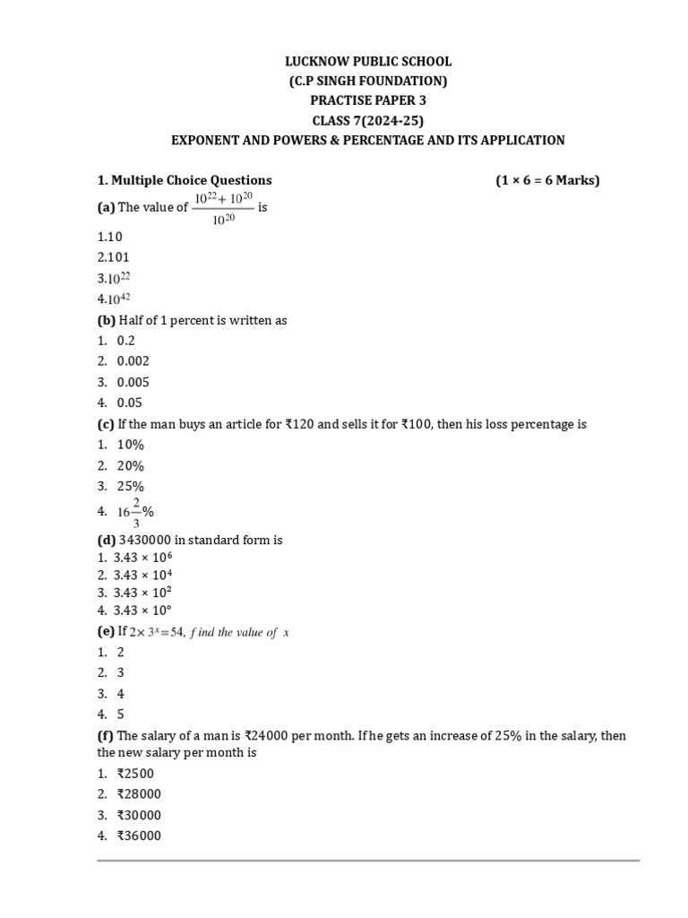 VII_Maths_Revision Paper_3 | PDF | Percentage