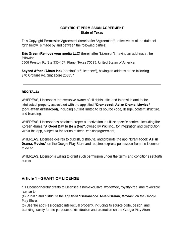 Dramacool Copyright Permission Agreement | PDF | License | Justice