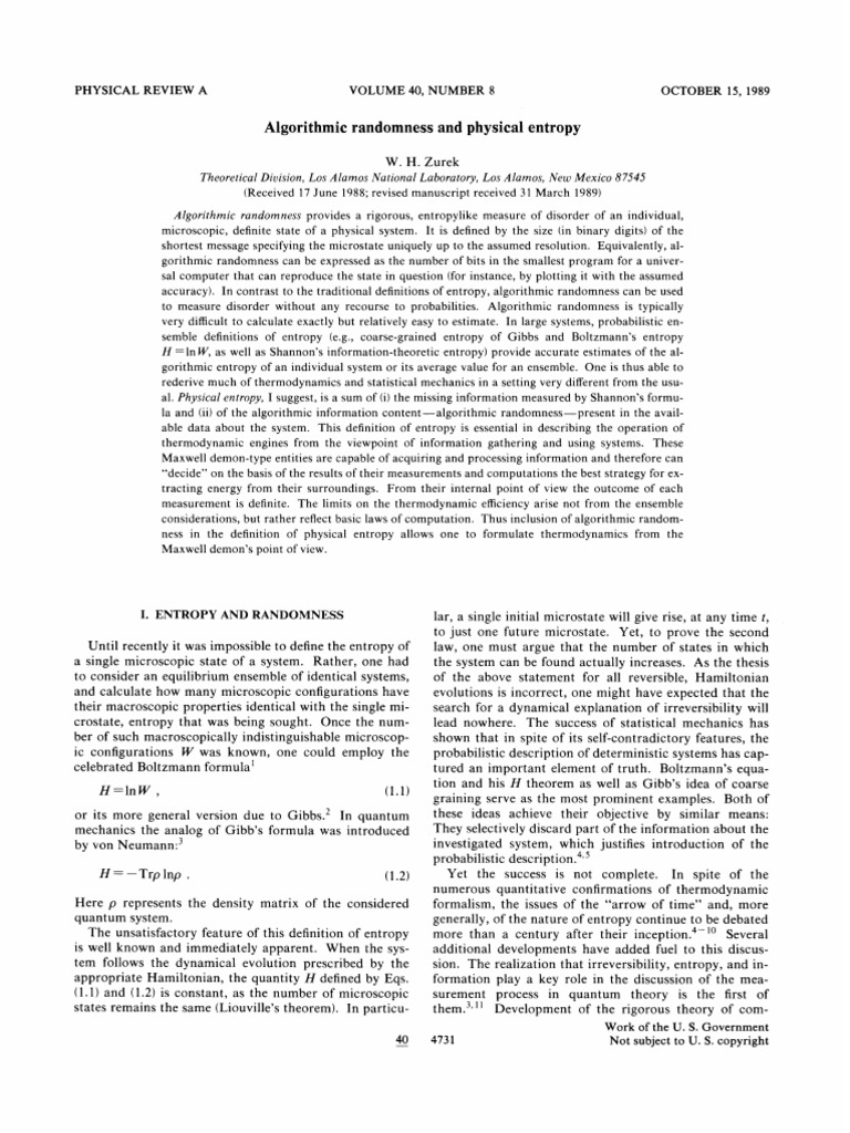 Zurek1989 Algorithmic Randomness and Physical Entropy | PDF | Entropy | Gases