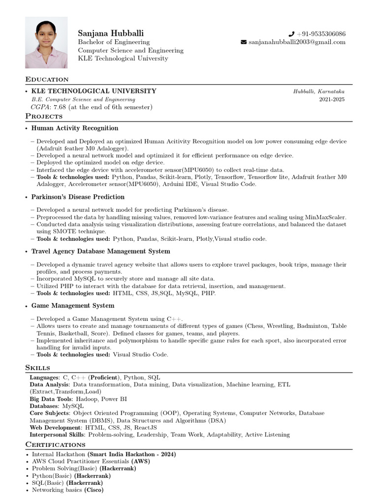 Sanjana Hubballi_Resume_KLE Technological University | PDF | Databases | Object Oriented Programming