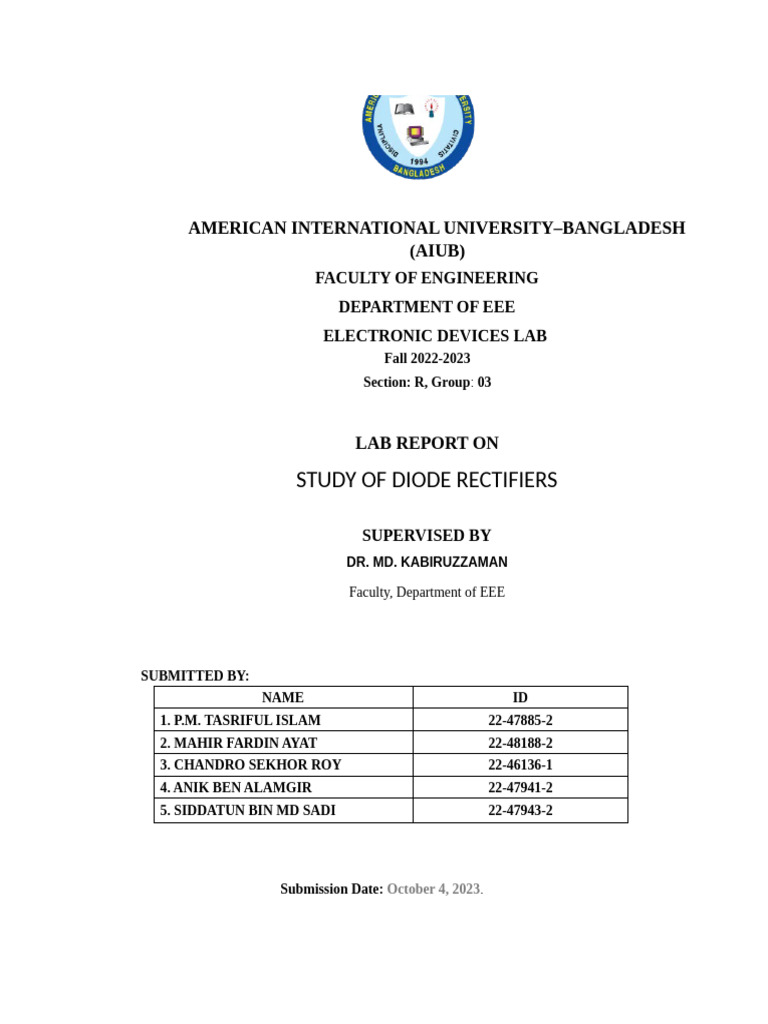 Group - 3 - ED - Study of Diode Rectifiers | PDF | Rectifier | Diode