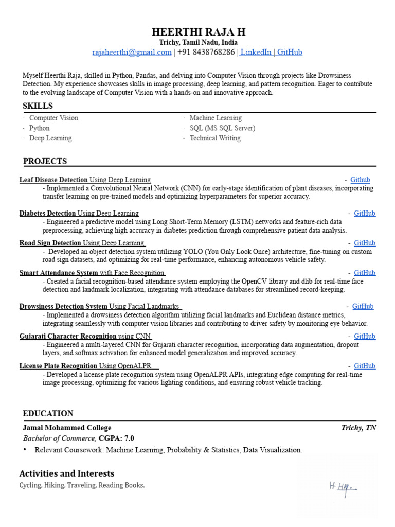 _Heerthi R CV | PDF | Deep Learning | Computer Vision
