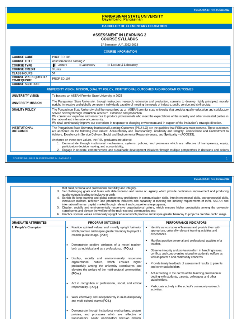Assessment in Learning 2 Syllabus | PDF | Educational Assessment | Learning