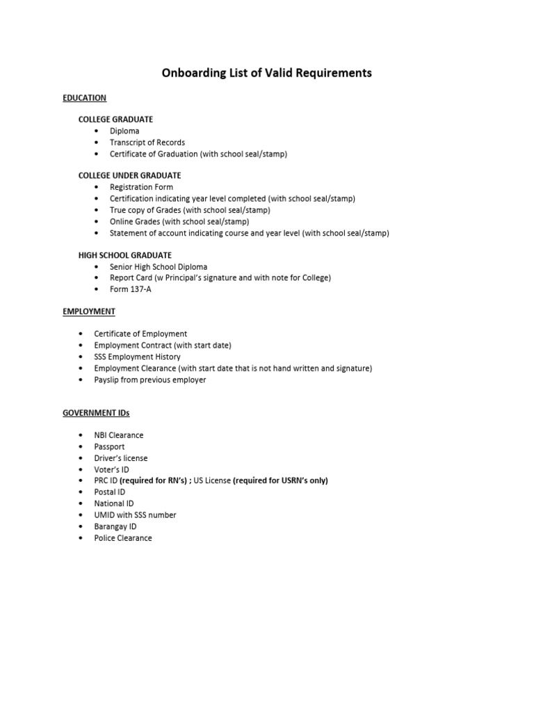 Onboarding List of Valid Requirements | PDF