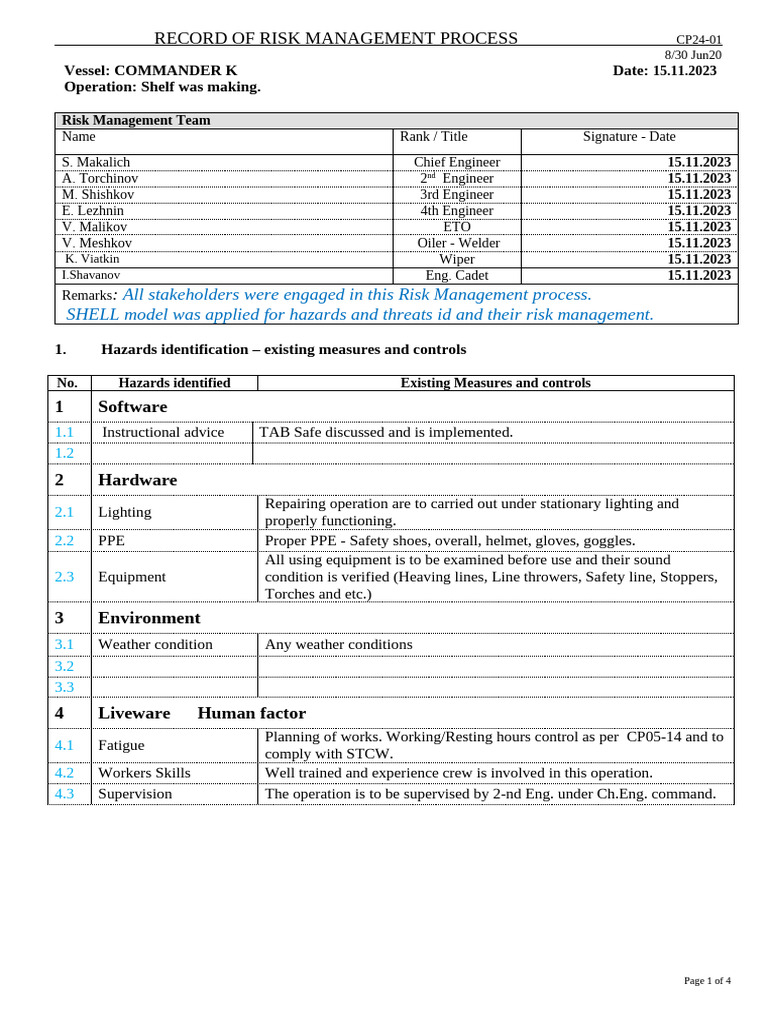 CP24-01 Record of Risk Management - 15.11.2023 | PDF | Personal Protective Equipment | Cargo