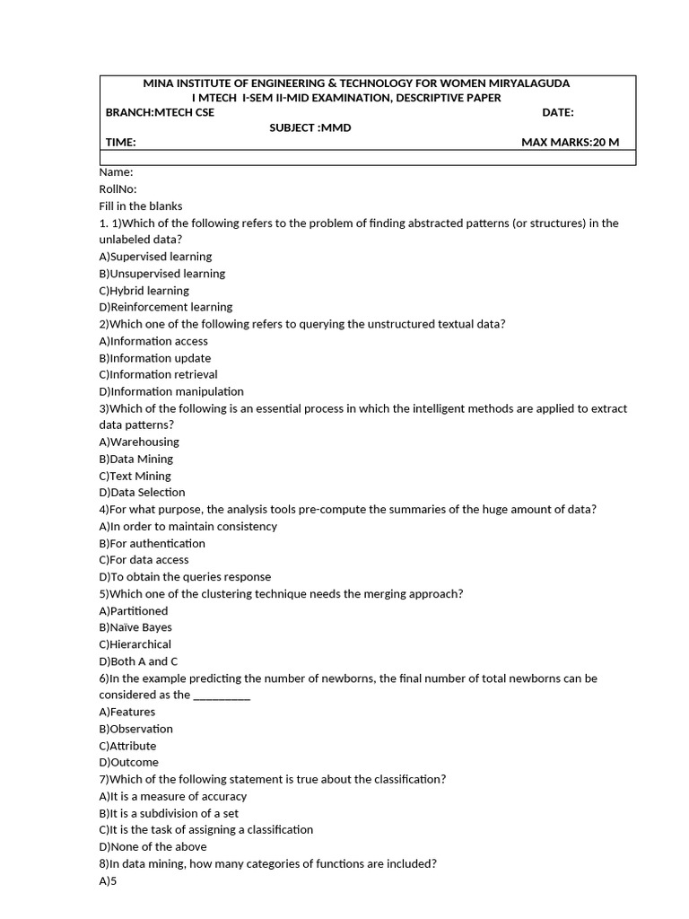 MTech CSE Mid Exam: Data Mining Concepts | PDF | Data Mining | Data