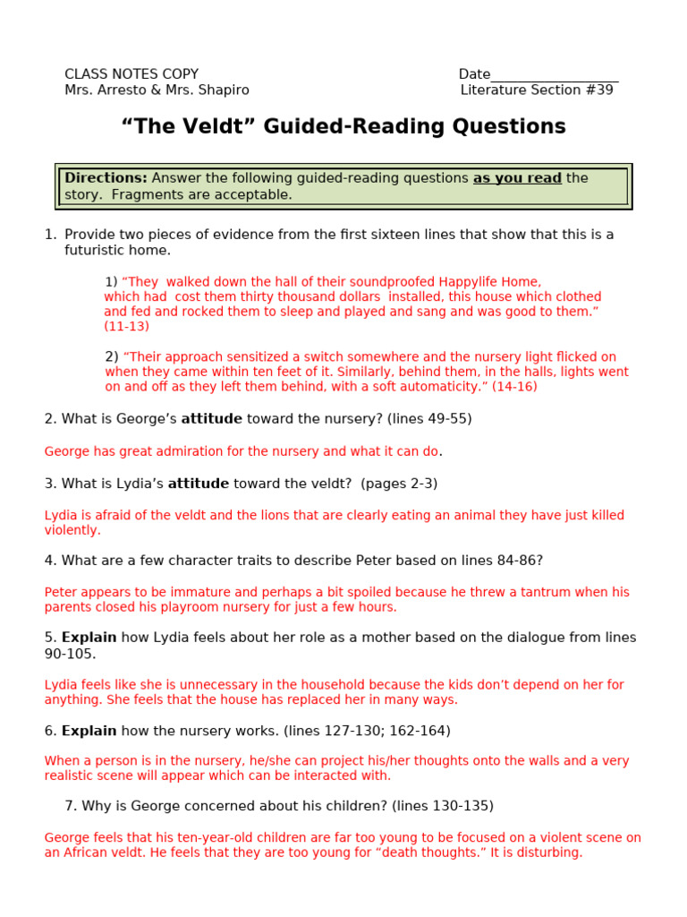 39-The Veldt Guided-Reading Questions Notes | PDF
