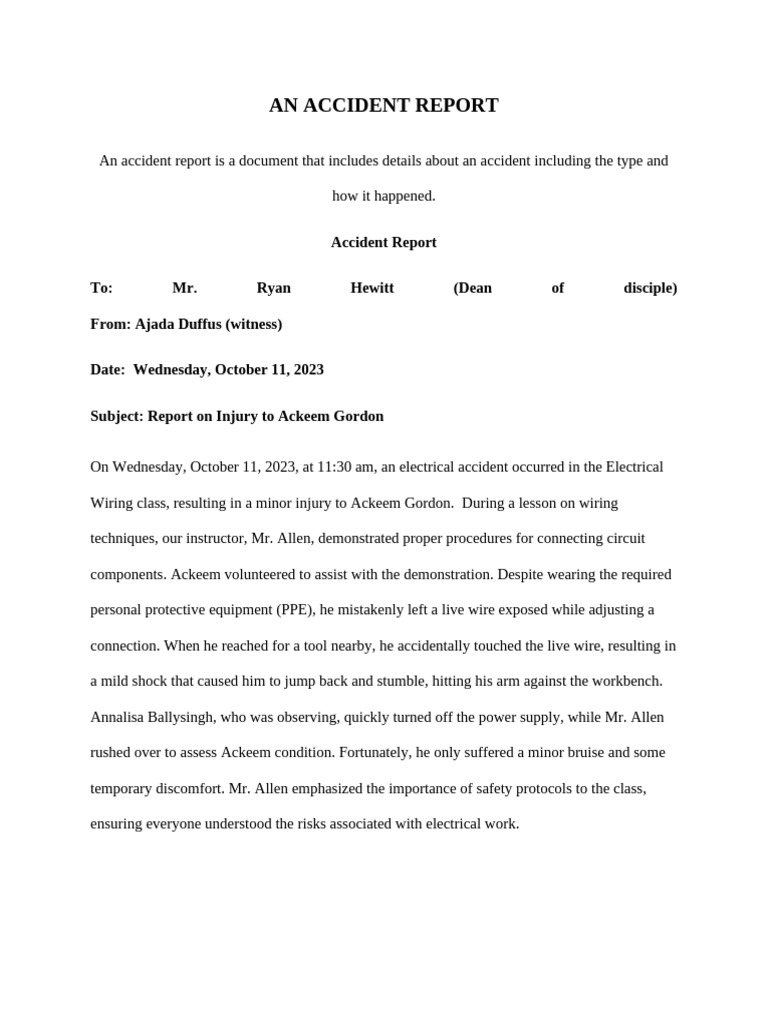 Electrical Accident Report: Ackeem Gordon | PDF