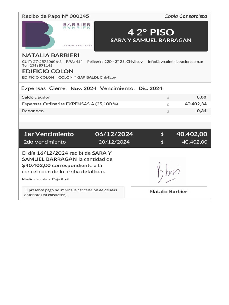 EDIFICIO COLON - Recibos Pagos 2024-12 | PDF