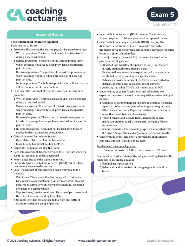 EXAM 5 Formula Sheet | PDF | Insurance | Reinsurance