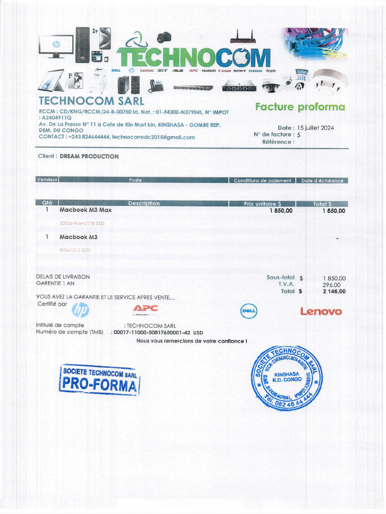 Facture Proforma Dream Production 15-07-2024 - Copie | PDF