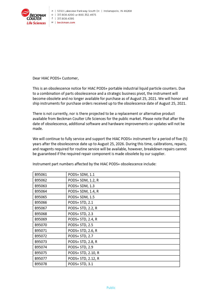 HIAC PODS+ Obsolescence Notice | PDF