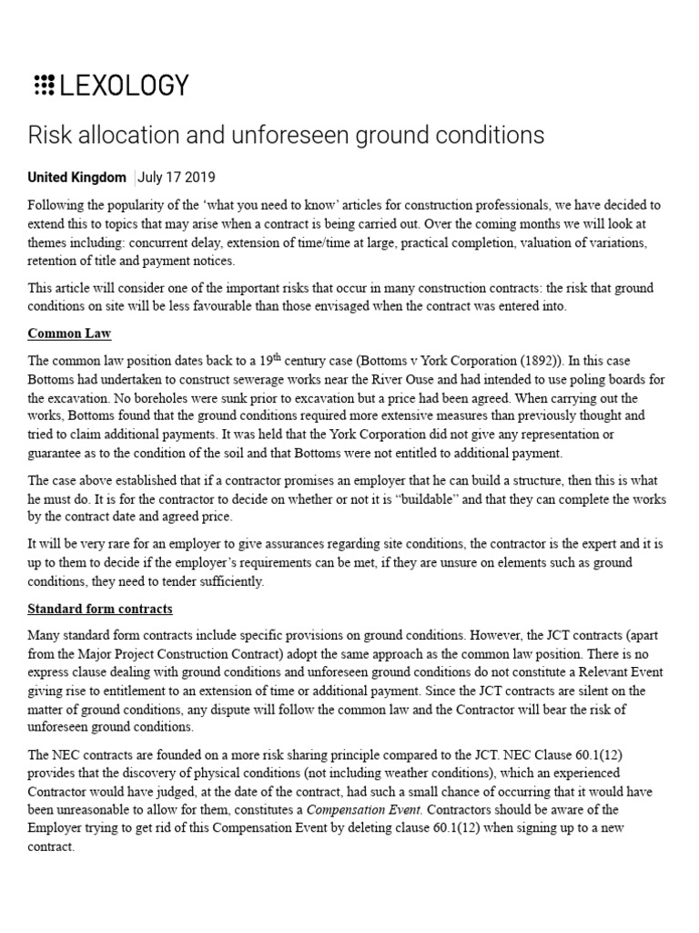 Risk Allocation and Unforeseen Ground Conditions - Lexology | PDF ...