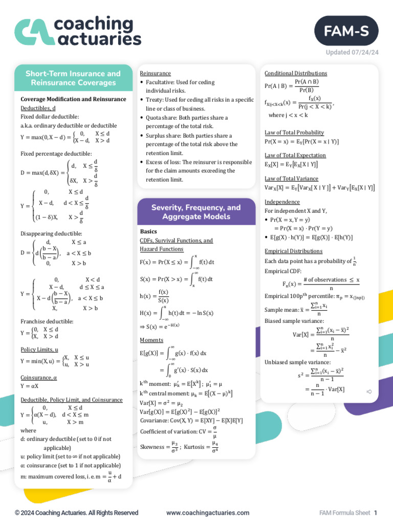 FAM Short-Term Insurance Formulas | PDF | Reinsurance | Statistical Theory