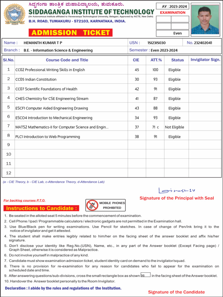 Exam Hall Tickets B.E.-informationScience&Engineering Even2023-2024 | PDF