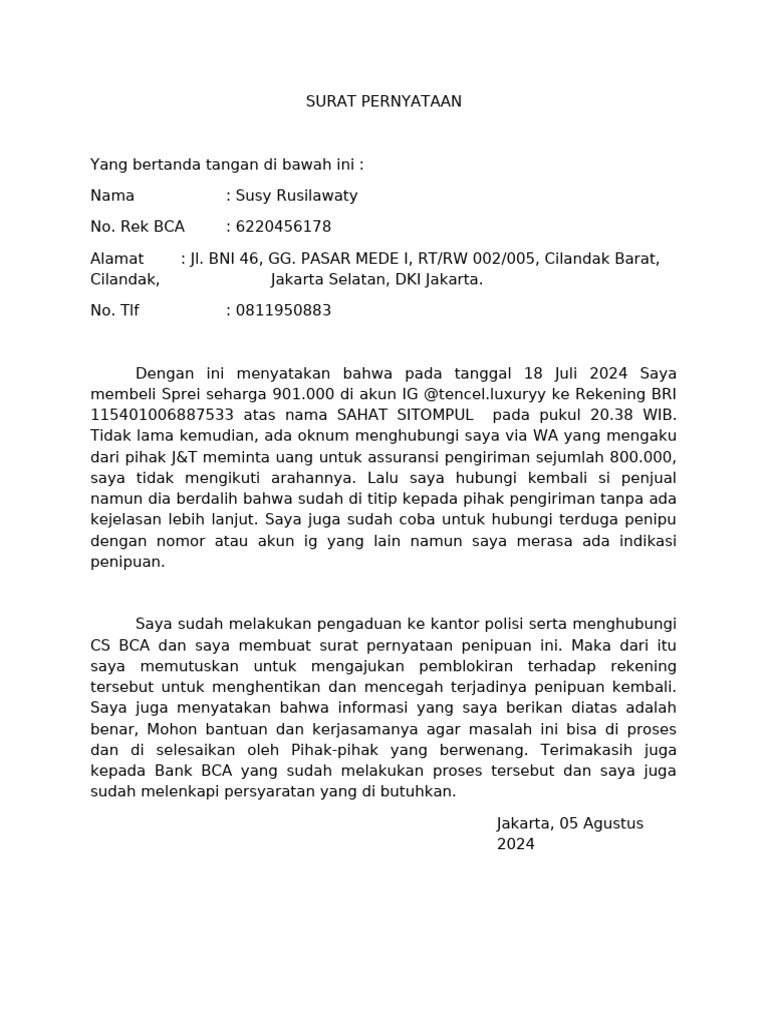Surat Pernyataan BCA | PDF