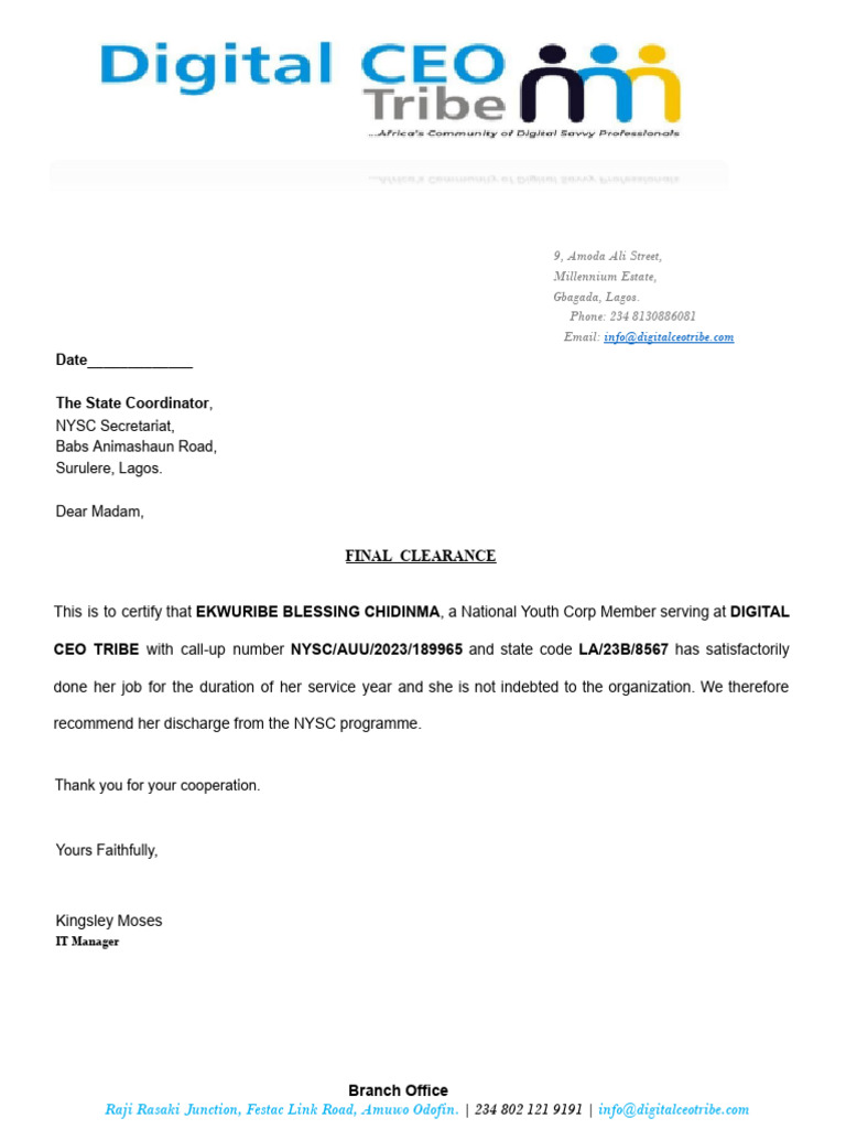 NYSC Final Clearance Certificate Letter | PDF