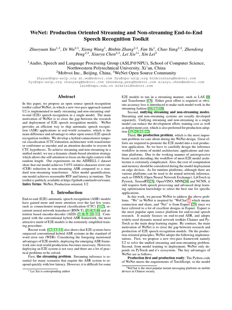 WeNet: Unified E2E Speech Recognition Toolkit | PDF | Speech Recognition | Computer Science