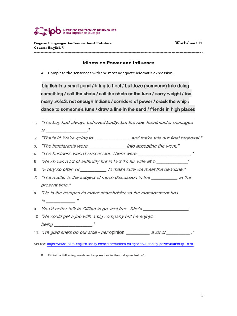 Idioms for Power and Influence Worksheet | PDF
