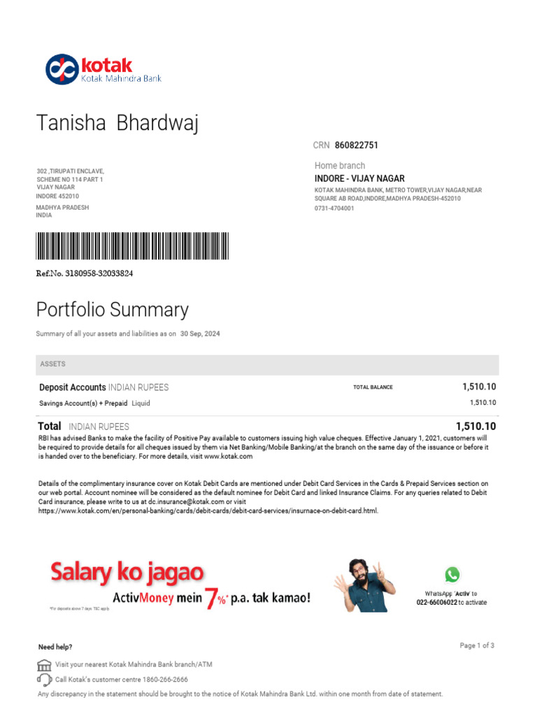 Tanisha Bhardwaj: Portfolio Summary | PDF | Banks | Debit Card