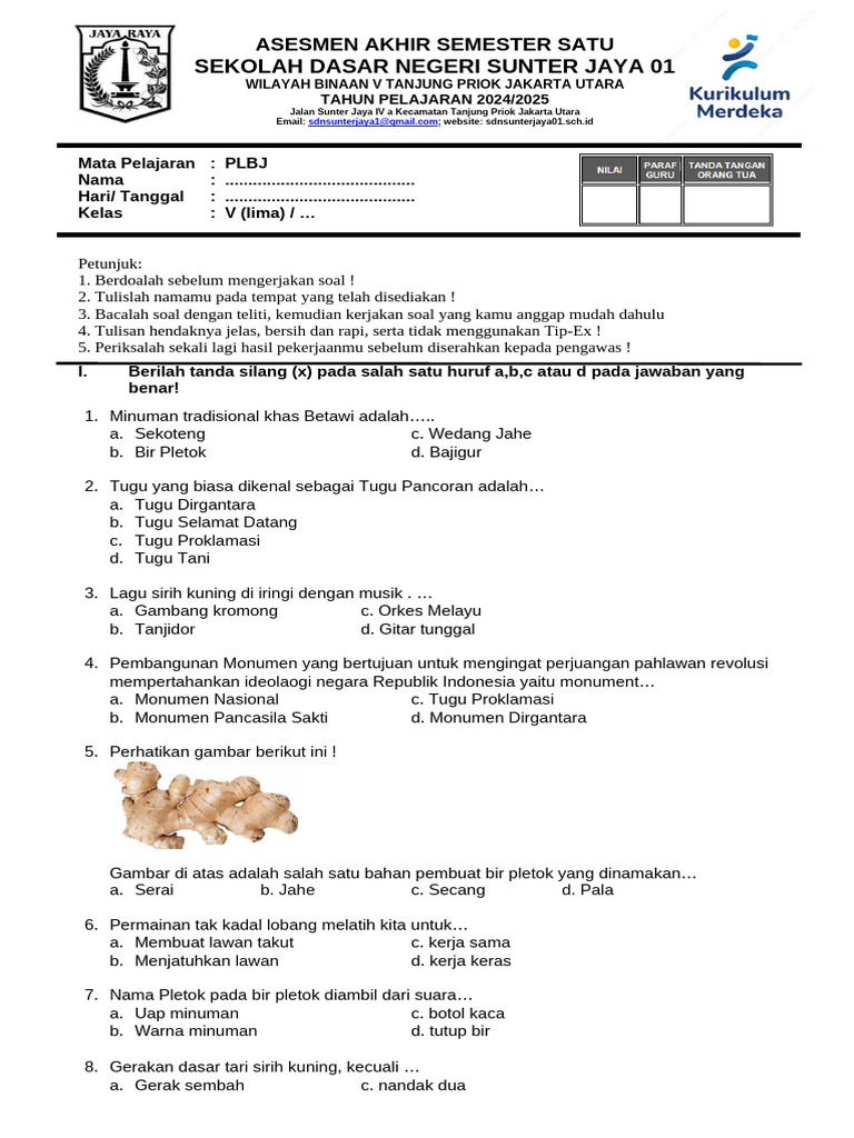 Soal PLBJ - Kls 5 - Semester 1 | PDF