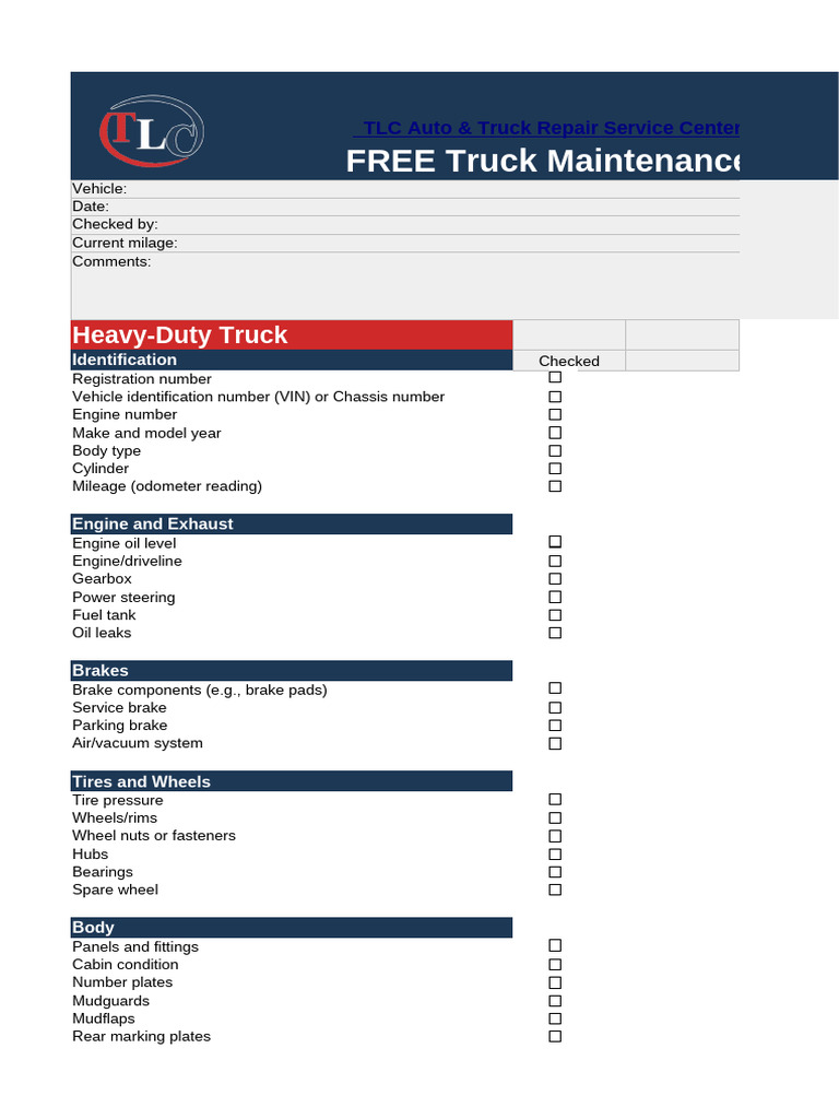 Truck Maintenance Checklist Excel | PDF | Truck | Brake