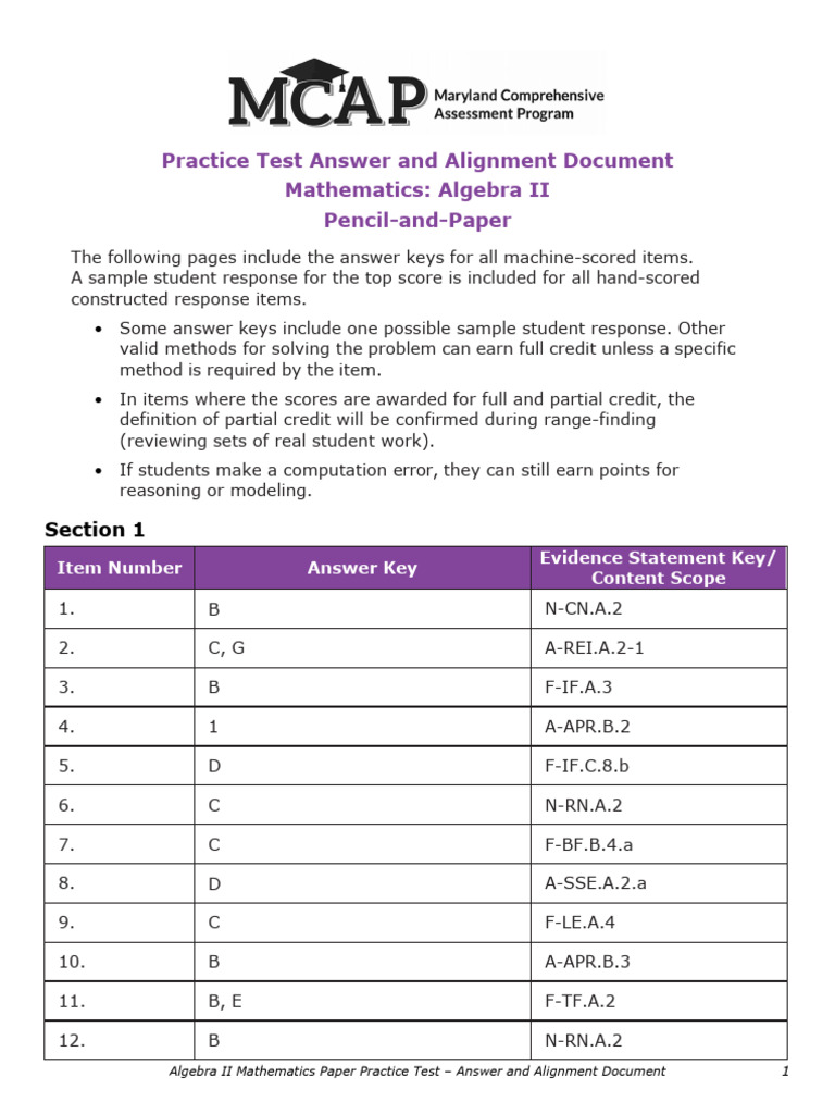 MCAP 2021-22 PT-Answer-Key Math Algebra-II Paper FINAL | PDF ...