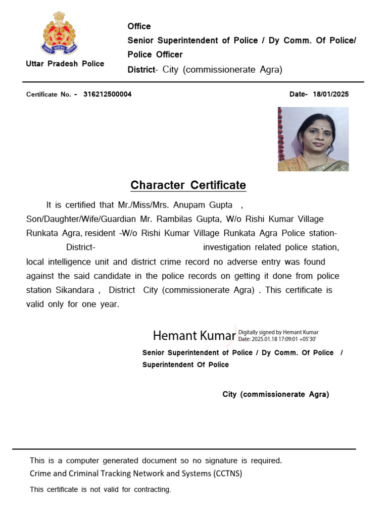 Anupam Character Certificate | PDF
