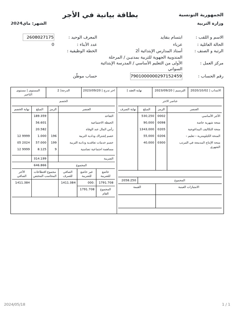 بطاقة الأجر شهر ماي 2024 | PDF