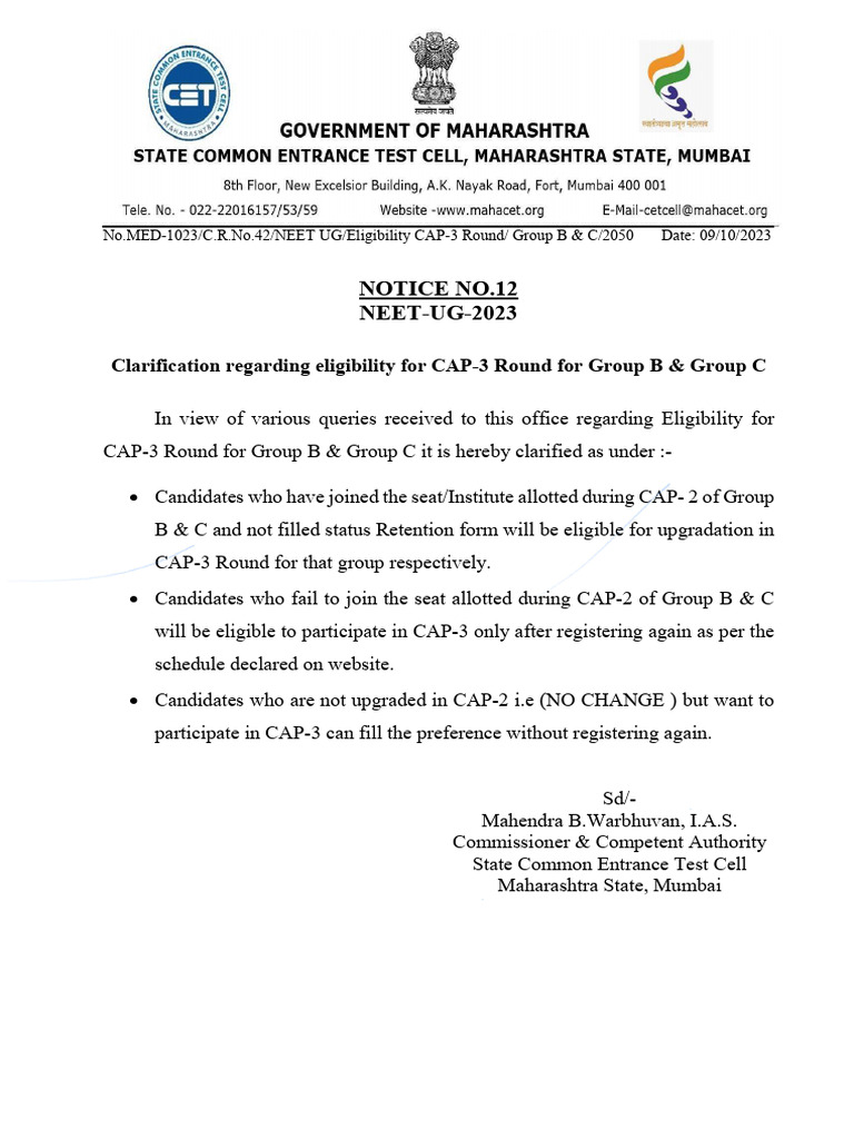 Notice No.12 Clarification Eligibility For CAP-3 For Group B & C | PDF