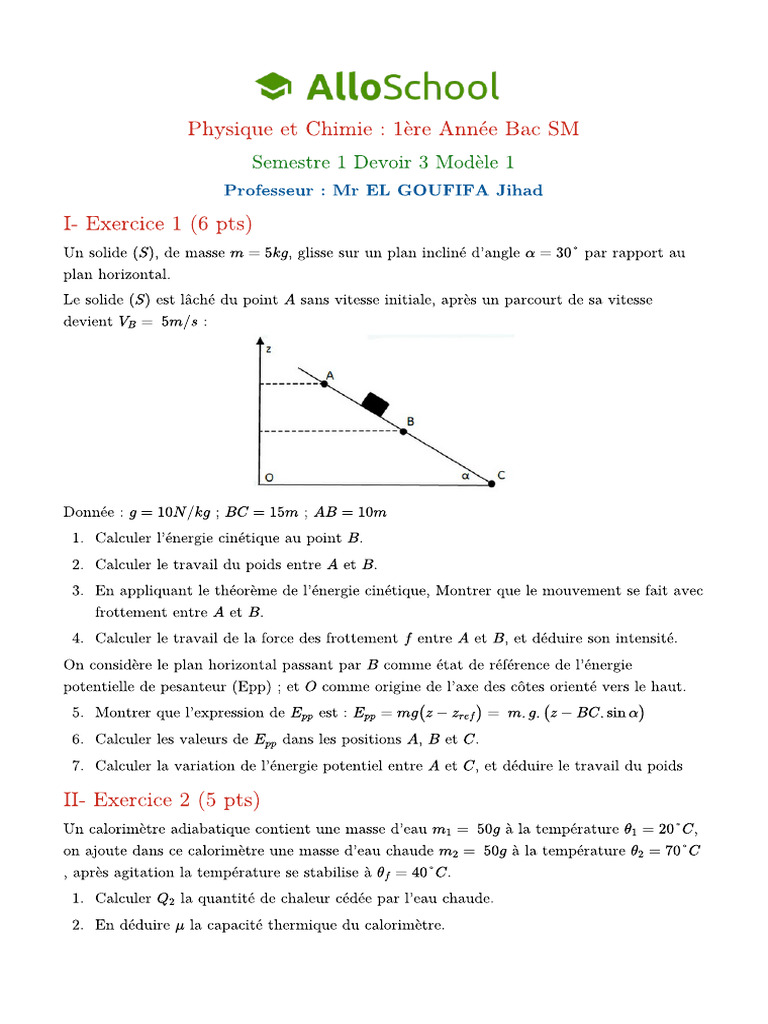 PC 1bac SM Semestre 1 Devoir 3 Modele 1 4 | PDF