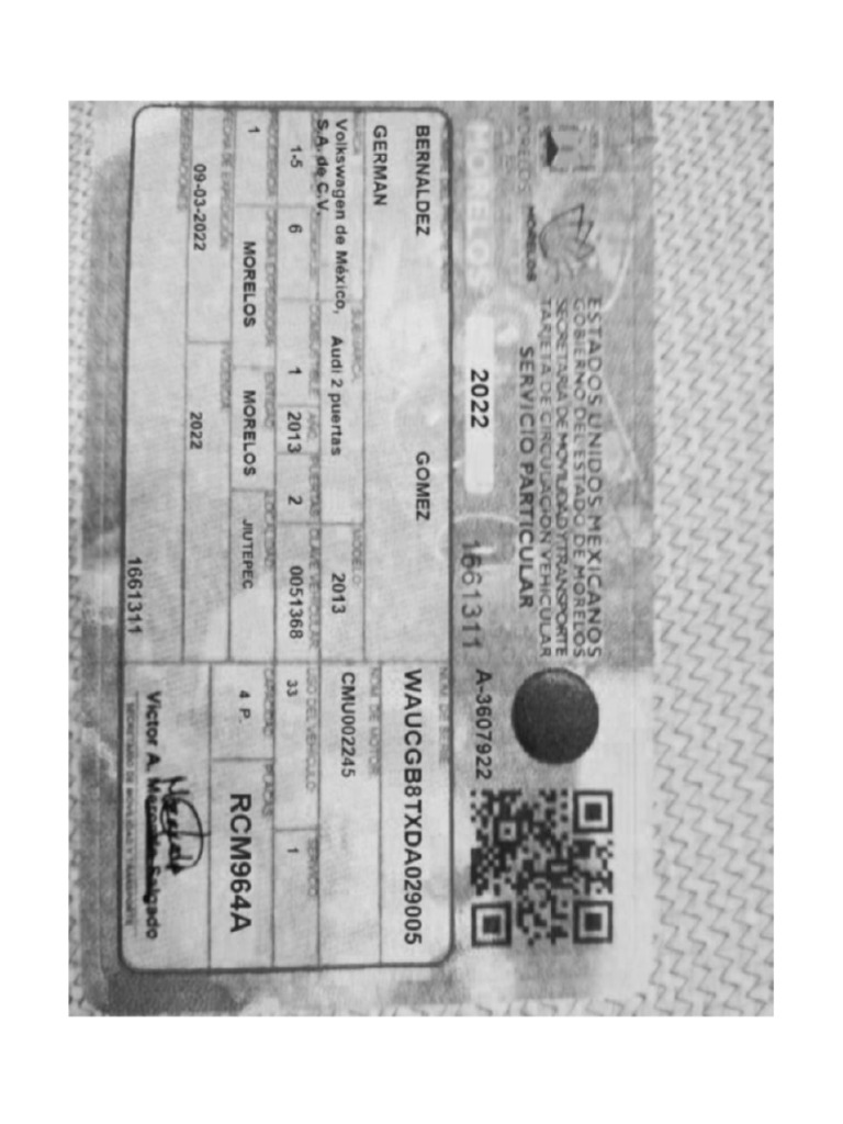 Tarjeta de Circulacion Morelos Mexico | PDF