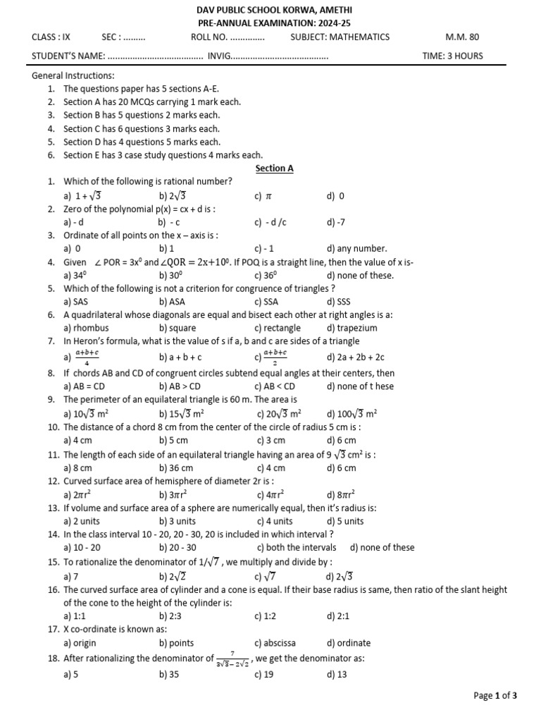 Class IX Math Exam Paper | PDF | Elementary Mathematics | Geometry