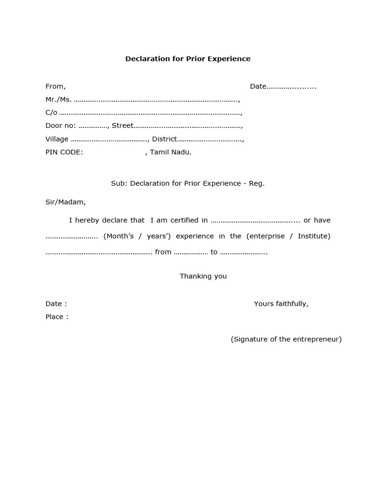 Declaration For Prior Experience 1 | PDF