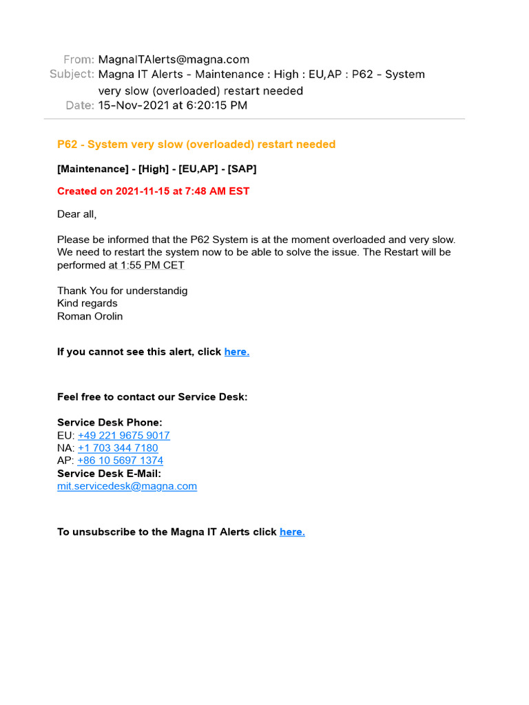 Magna IT Alerts - Maintenance High EU, AP P62 - System Very Slow ...