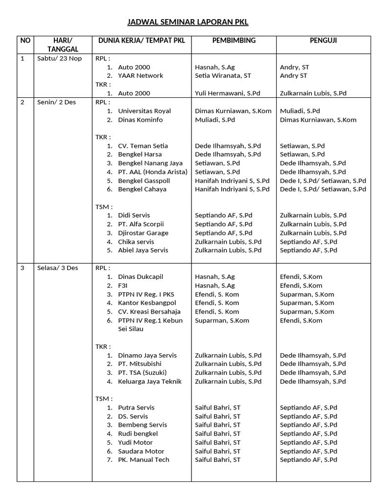 Jadwal Seminar Laporan PKL | PDF