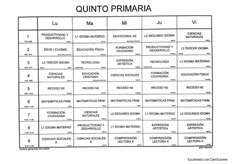 Horario de Clases Quinto Primaria | PDF
