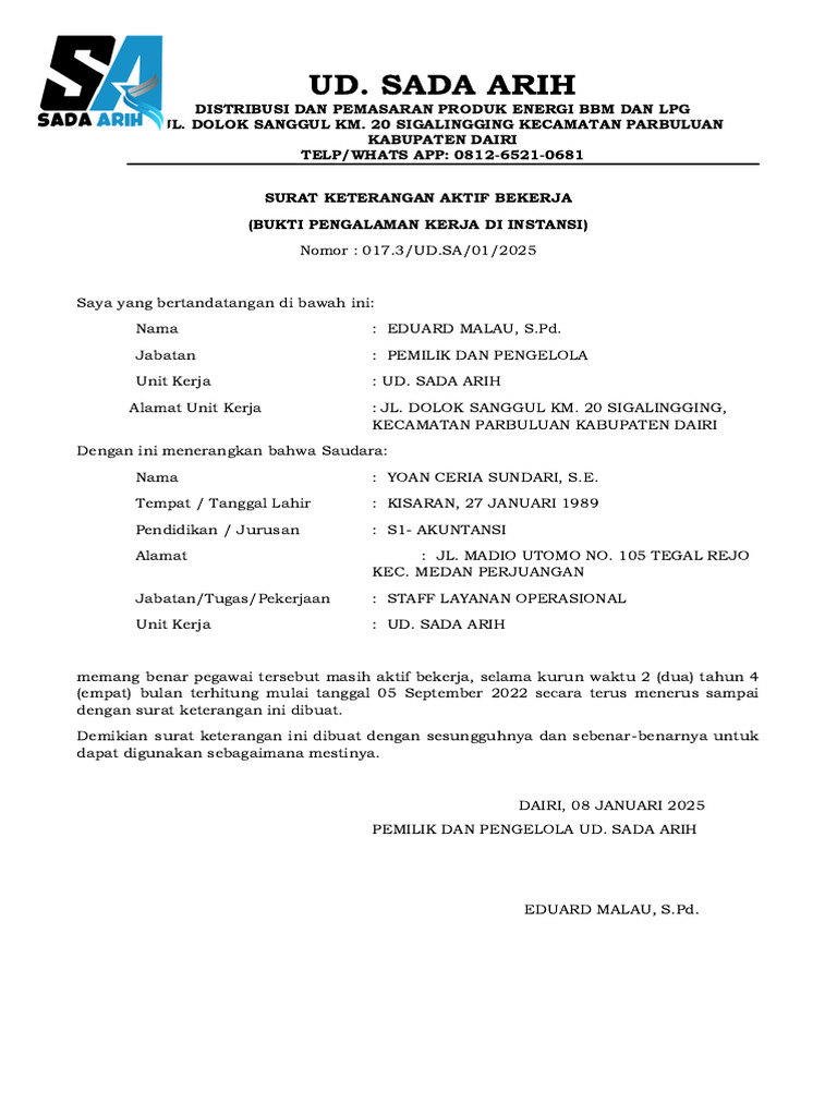 Format Surat Aktif Bekerja - Yoan | PDF
