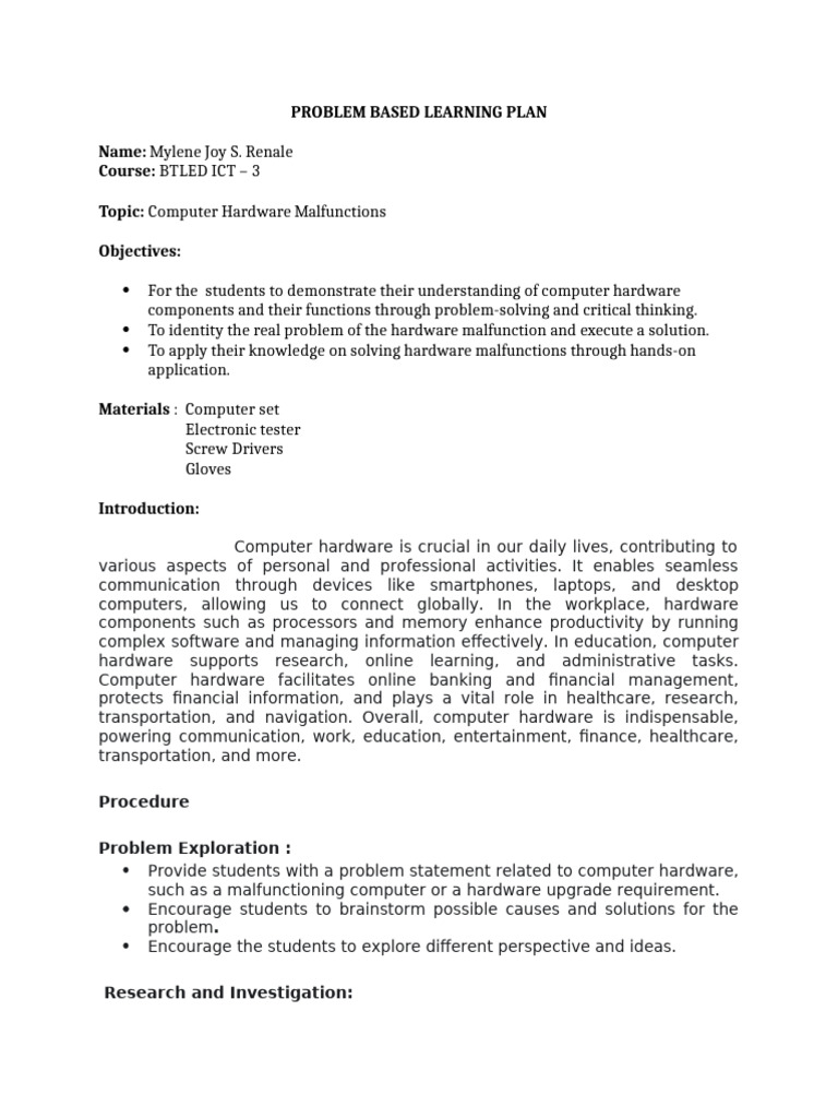 PROBLEM BASED LEARNING PLAN | PDF | Computer Hardware | Educational Technology