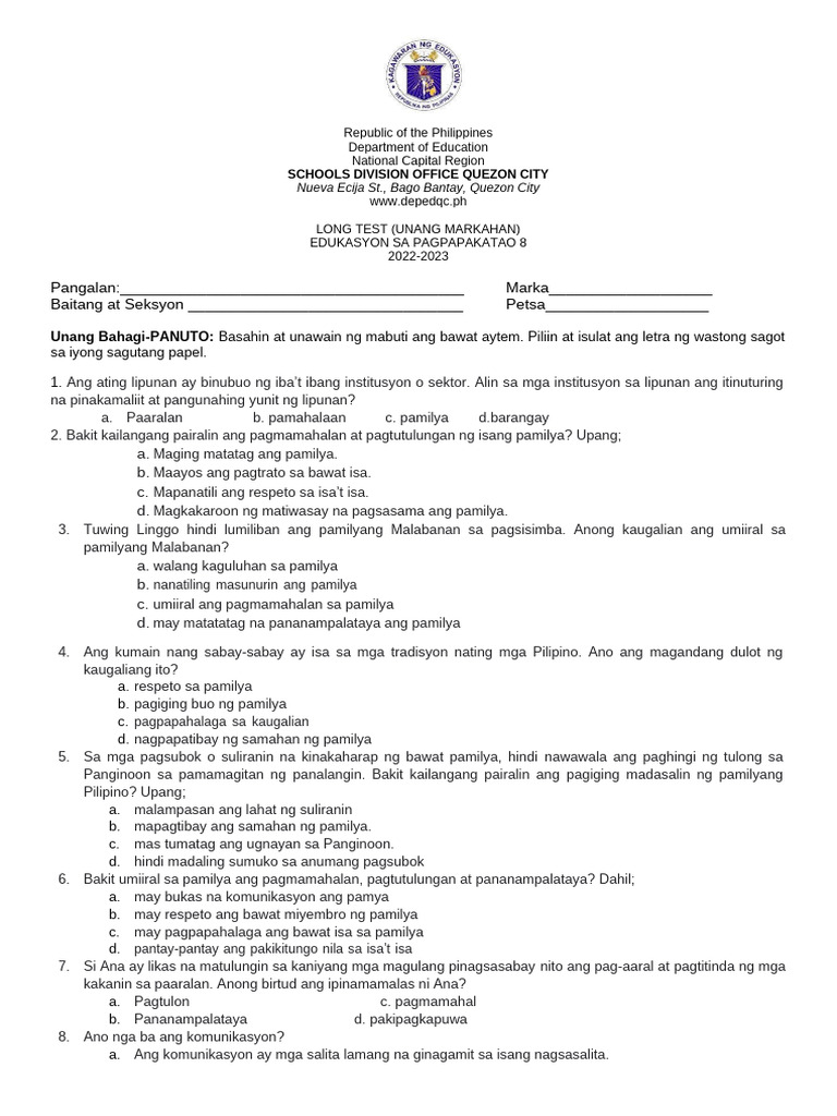 Esp G8 Long Test Q1 | PDF